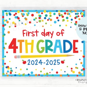 First Day of 4th Grade Sign Back to School Printable 1st Day of Fourth ...