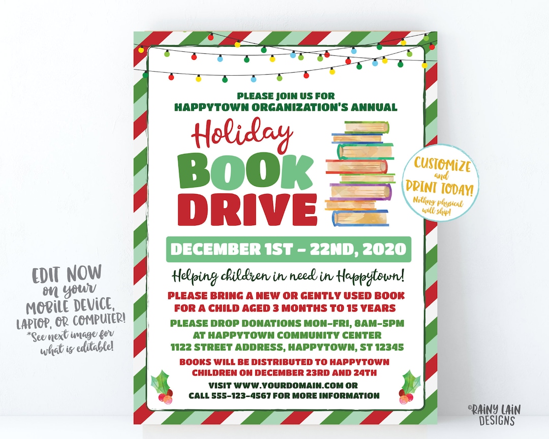 Holiday Book Drive Flyer, Christmas Book Drive Flyer, Book Invitation ...