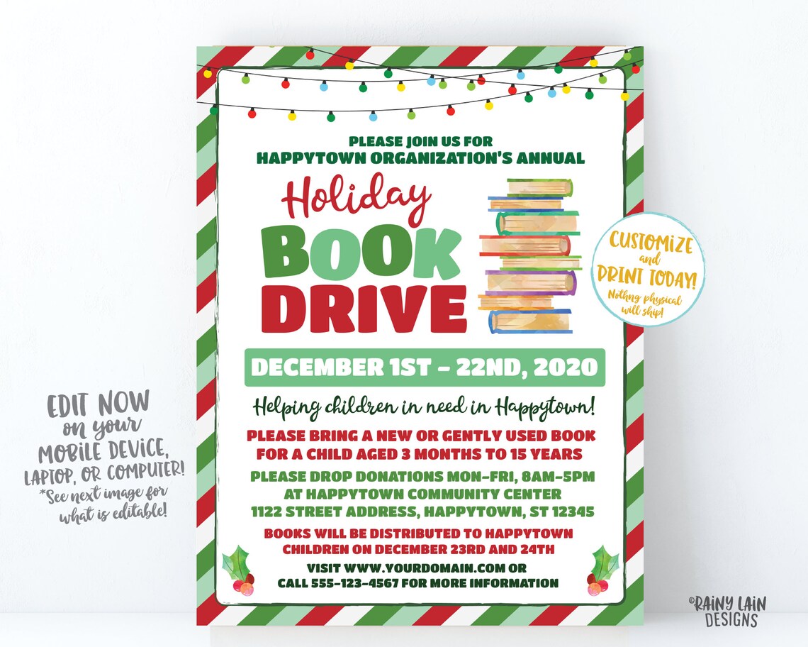 Holiday Book Drive Flyer Christmas Book Drive Flyer Book - Etsy