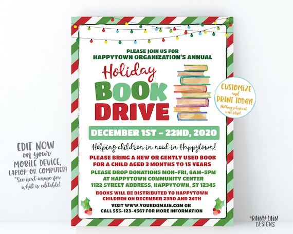Holiday Book Drive Flyer Christmas Book Drive Flyer Book | Etsy