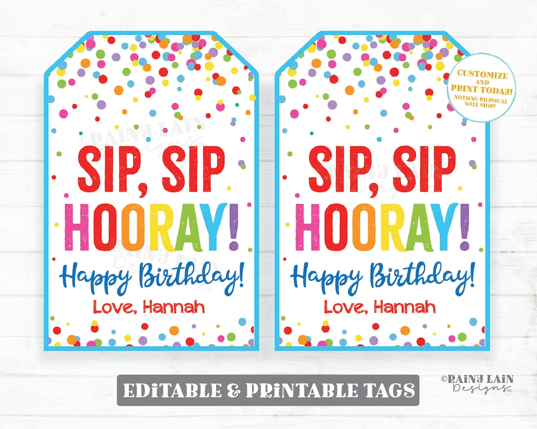 Sip Sip Hooray Happy Birthday Tags, Happy Birthday Straw Tags, Silly ...