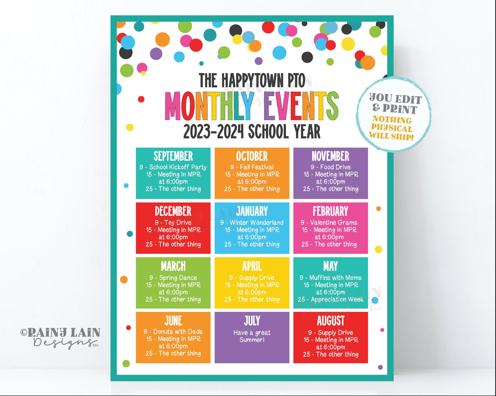 Editable PTO PTA Monthly Events Template Printable School Calendar ...