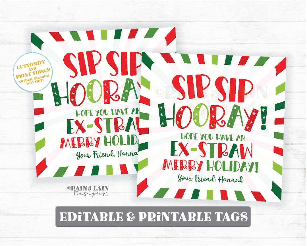 Straw Christmas Gift Tag Sip Sip Hooray Ex-straw Merry Holiday Silly ...