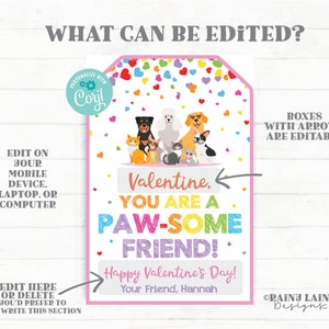 Pawsome Friend Valentine, Paw-some Valentine's Day Tag, Cat Kitten ...