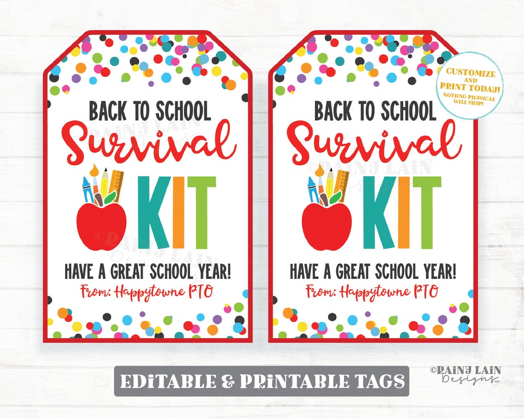 Back to School Survival Kit Tag Editable Emergency 1st Day of School ...