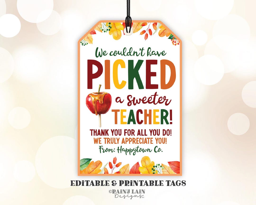 Caramel Apple Gift Tag, Picked a Sweeter Teacher, Fall Leaves Autumn ...