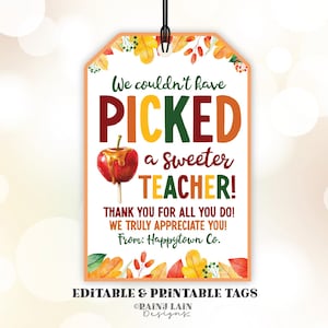 Caramel Apple Gift Tag, Picked a Sweeter Teacher, Fall Leaves Autumn ...