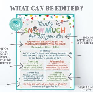 Editable Holiday Appreciation Week Schedule, Printable Snow Much ...