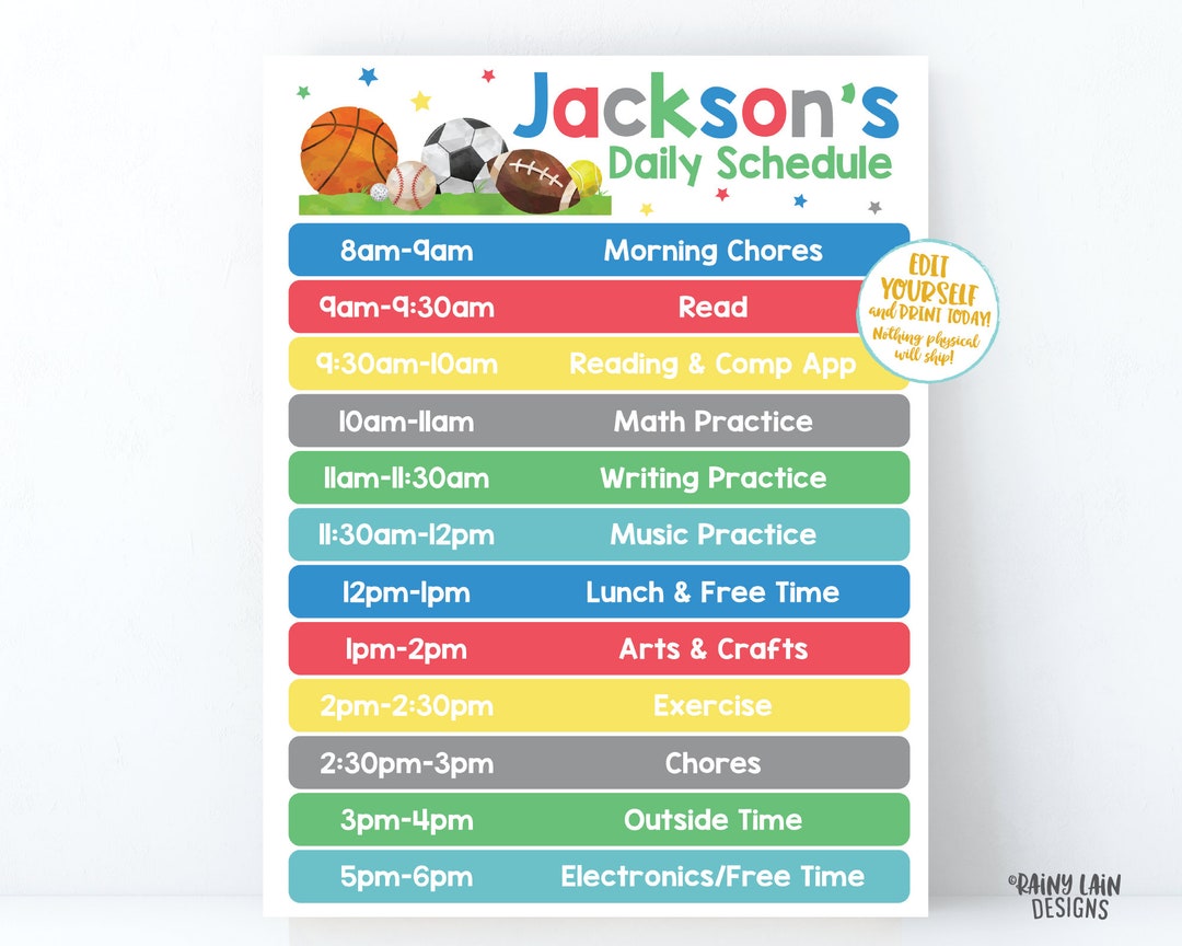 Sports Home School Schedule Printable Kids Schedule Editable Daily Task ...