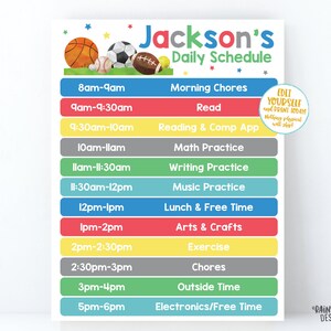 Sports Home School Schedule Printable Kids Schedule Editable Daily Task ...