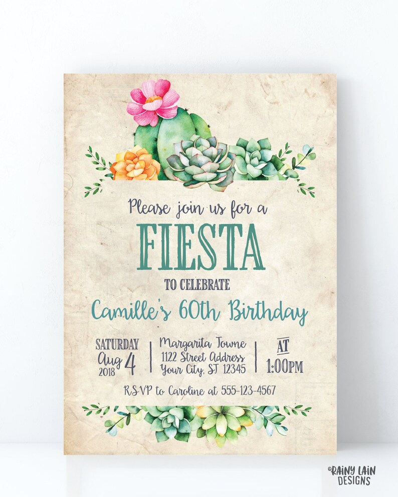 Adult Birthday Fiesta Invite Cactus Invitation Succulent - Etsy