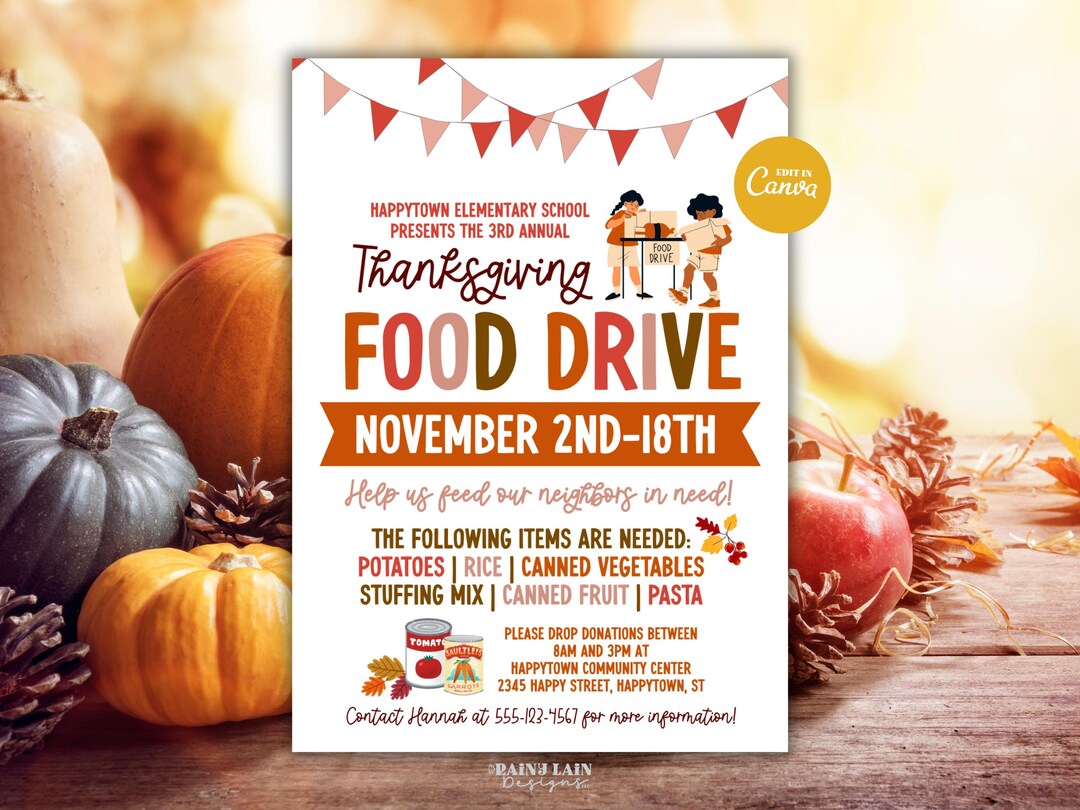 Thanksgiving Food Drive Flyer, Fundraiser Canva Template, Editable ...