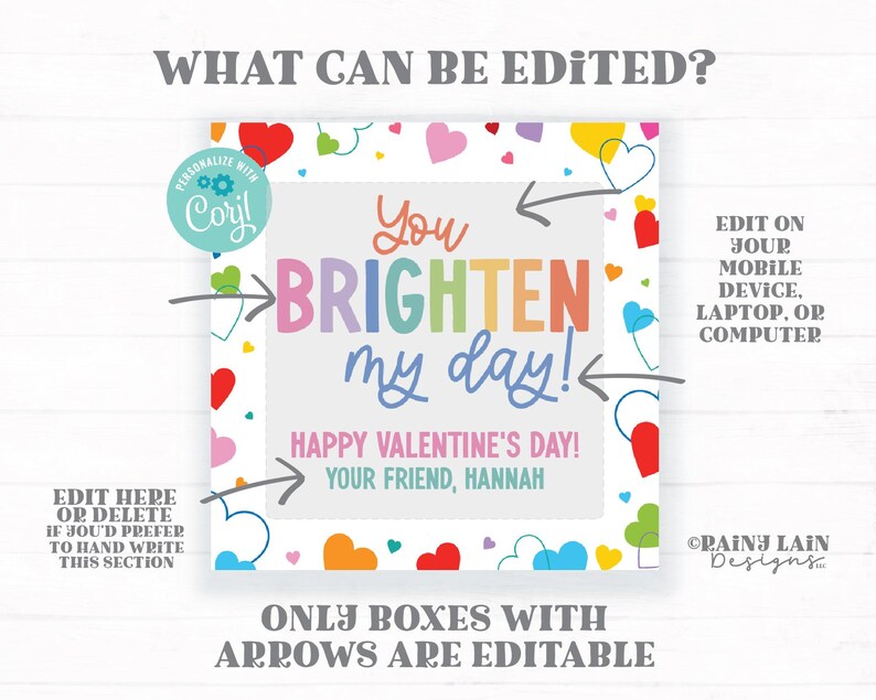 You Brighten My Day Valentine, Sunglasses Tag, Editable Square Glow ...