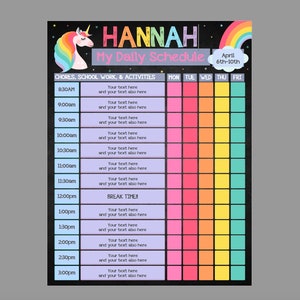 Editable Home School Schedule Unicorn Printable Kids Schedule Kids ...