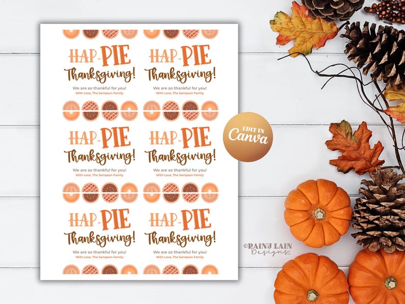 Hap-pie Thanksgiving Tag, Thankful Pie Label, Editable in Canva - Etsy