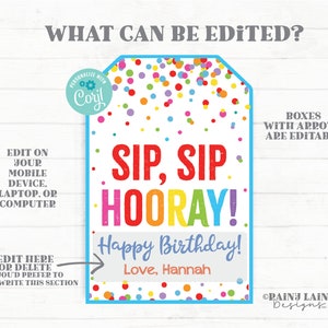 Sip Sip Hooray Happy Birthday Tags, Happy Birthday Straw Tags, Silly ...