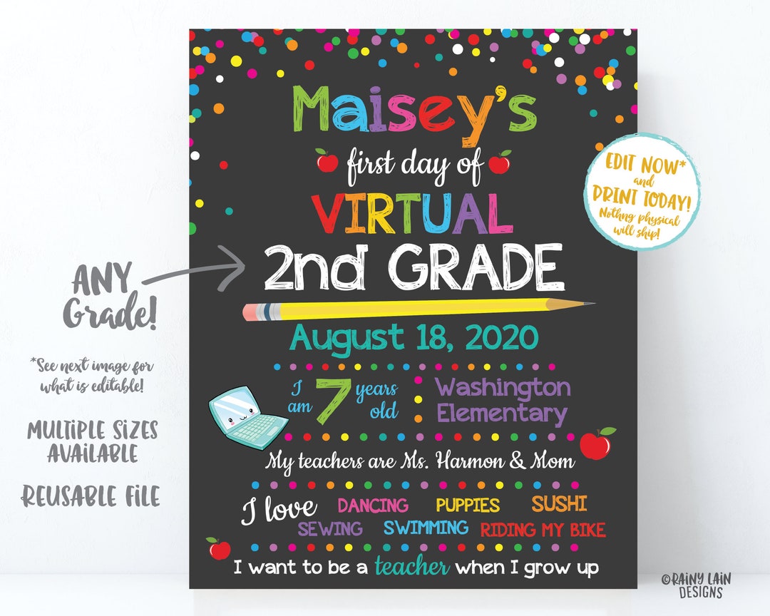 First Day of Virtual Kindergarten Sign, Virtual School Sign Editable ...