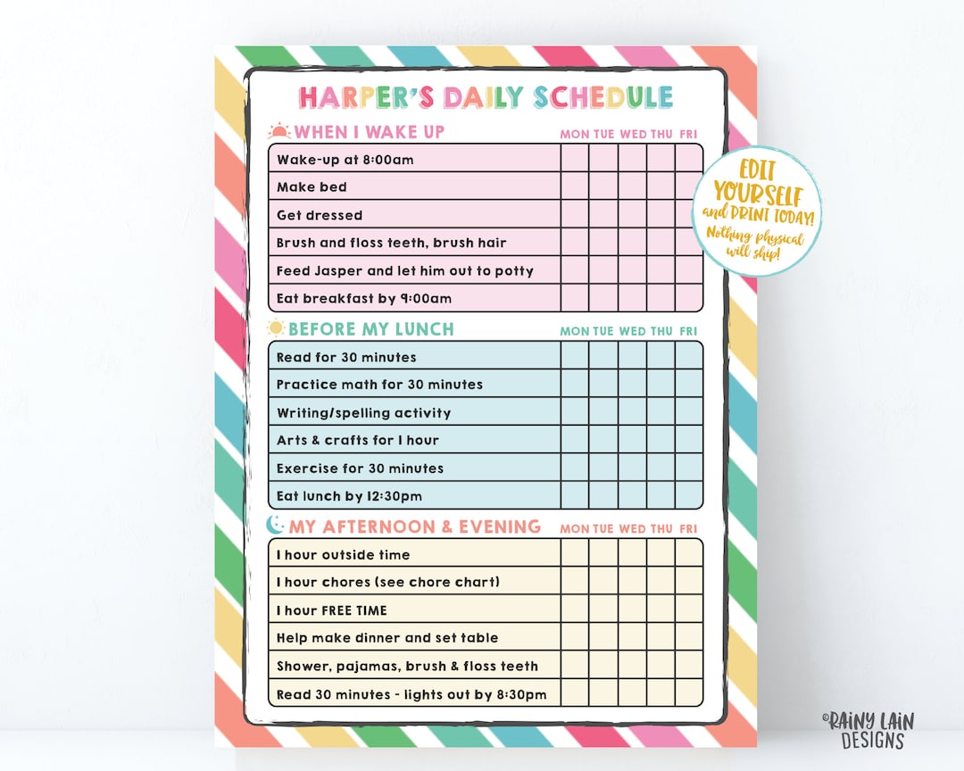 Home School Schedule Editable Kids Schedule Rainbow Stripes Printable ...