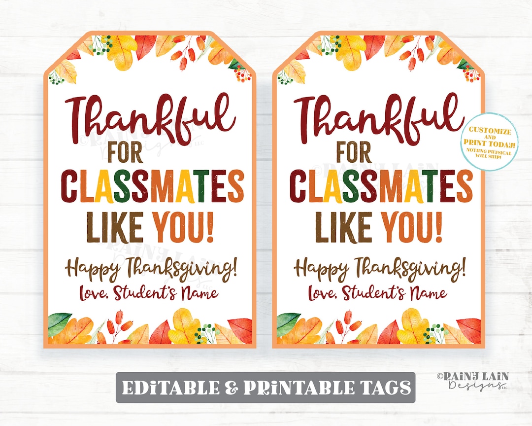 Thankful for Classmates Like You Tags, Thankful Tags, Pie Tags ...