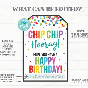 Chip Chip Hooray Happy Birthday Tag, Chips Favor Tag, Chocolate Chip ...