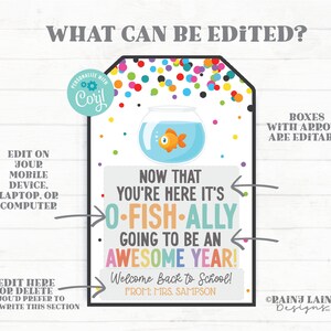 Back to School Goldfish Gift Tag Editable, O Fish Ally Awesome, 1st Day ...