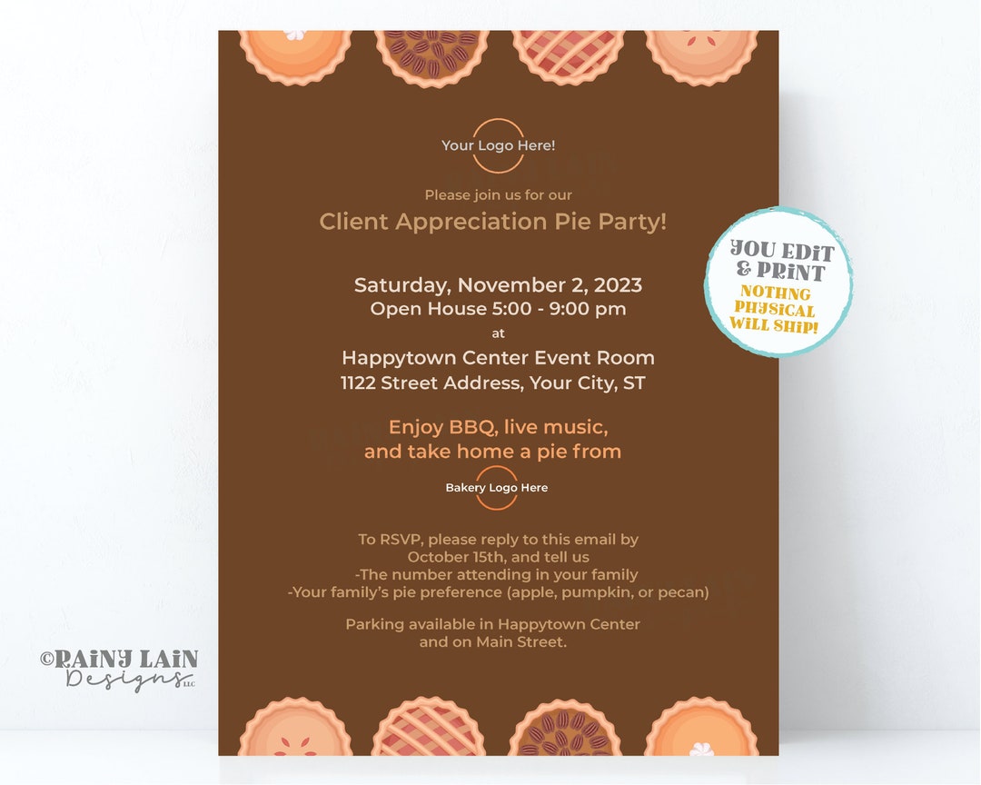 Appreciation Pie Party Flyer, Pie Night Invitation, Fundraiser, Contest ...