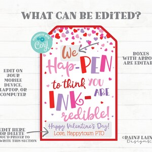 Ink Pen Gift Tags, Hap-pen Ink-redible, Printable Valentine's Day Tags ...