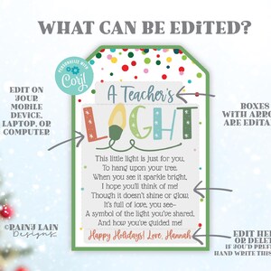 Editable A Teachers Light Gift Tag, Christmas Ornament, Paraeducator ...