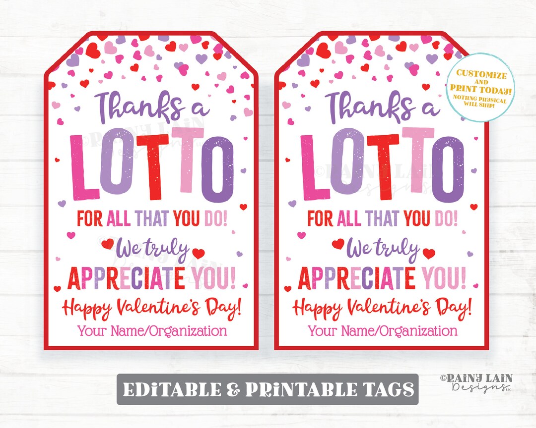 Valentine's Day Lotto Gift Tag, Thanks a Lotto, Lottery Valentine Staff ...