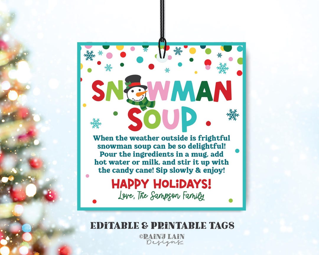 Snowman Soup Hot Chocolate Gift Tag, Editable Christmas Hot Cocoa Label ...
