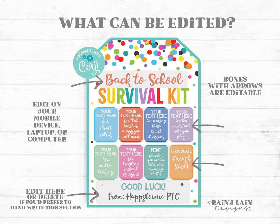 Back to School Survival Kit Tag First Day of School Gift Pack Teacher ...