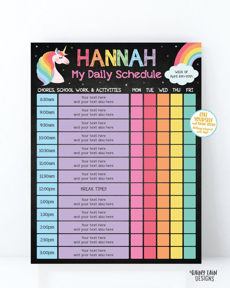Editable Home School Schedule Unicorn Printable Kids Schedule | Etsy