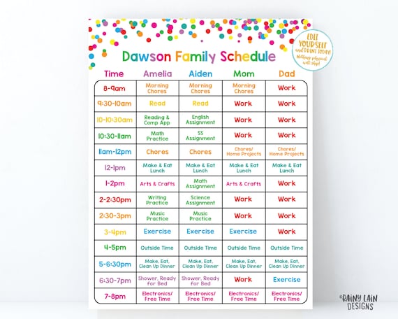 Family Schedule Editable Work From Home Schedule Self - Etsy
