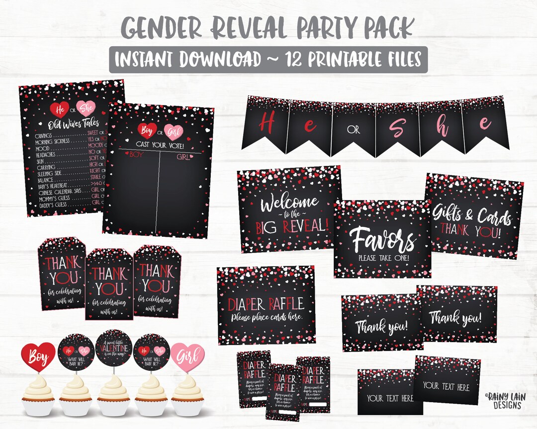 Valentine's Day Gender Reveal Party Pack, Cupcake Toppers, He or She ...