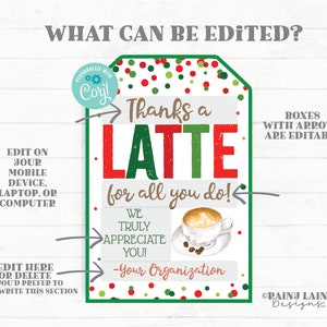 Thanks a Latte Tag Christmas Coffee Gift Set Tag Holiday Printable ...