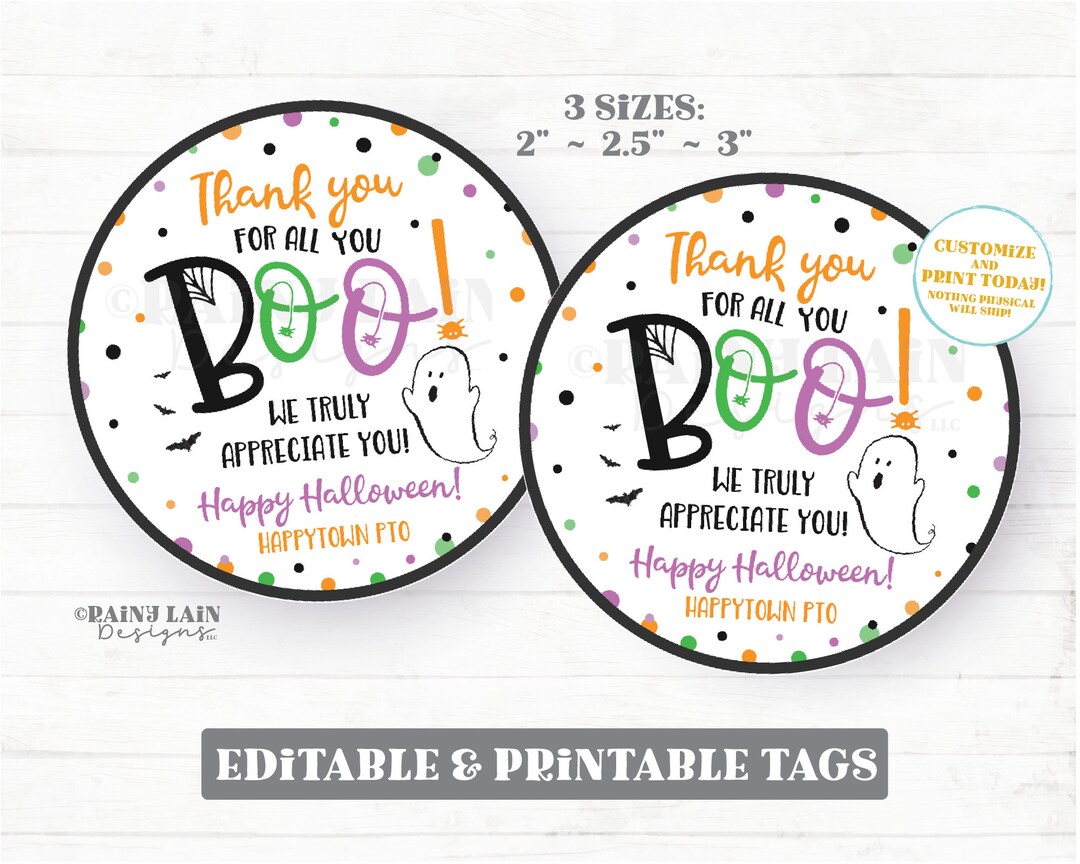 Thank You for All You Boo Tag Round Halloween Printable Tag Editable ...