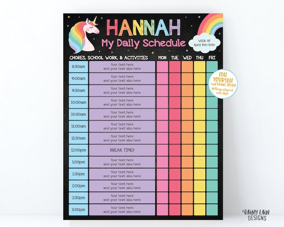 Editable Home School Schedule Unicorn Printable Kids Schedule | Etsy