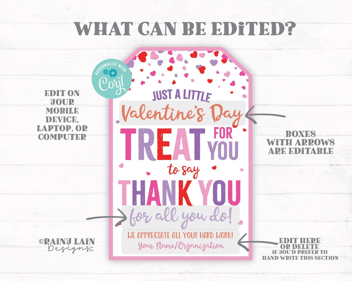 Valentine Treat Tag, Editable Appreciation Gift Printable - Etsy