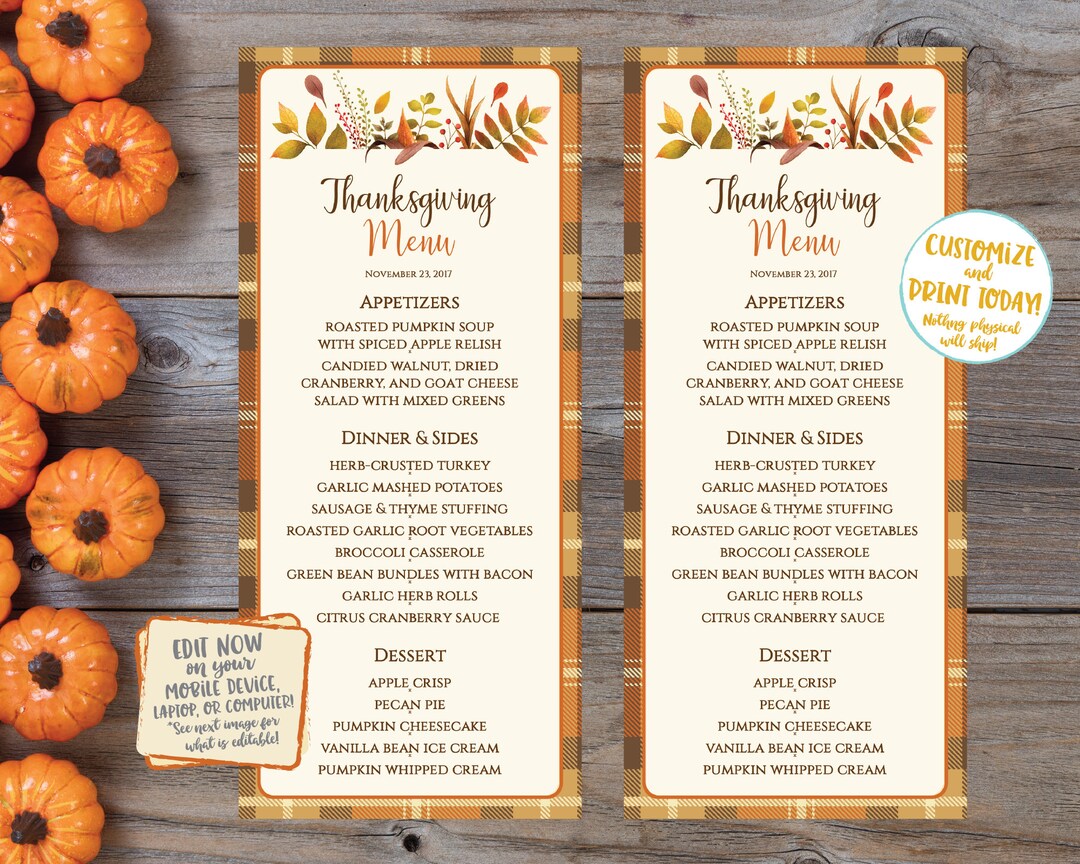 Thanksgiving Menu Cards, Friendsgiving Menu Cards, Editable ...
