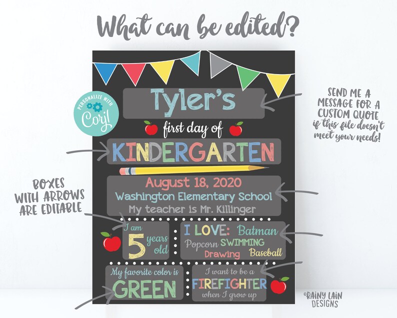 First Day of Kindergarten Chalkboard Sign, Editable School Photo Prop ...
