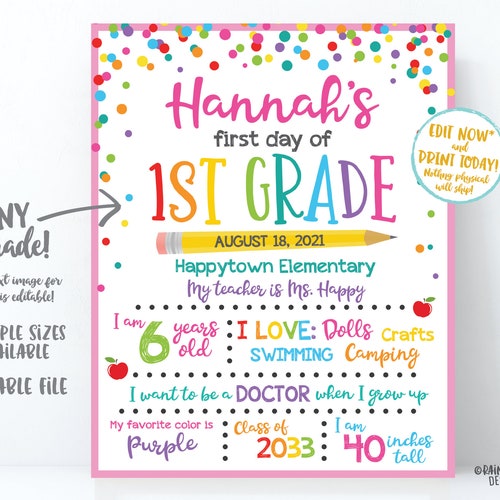 Floral First Day of School Sign Printable Girl Back to School | Etsy