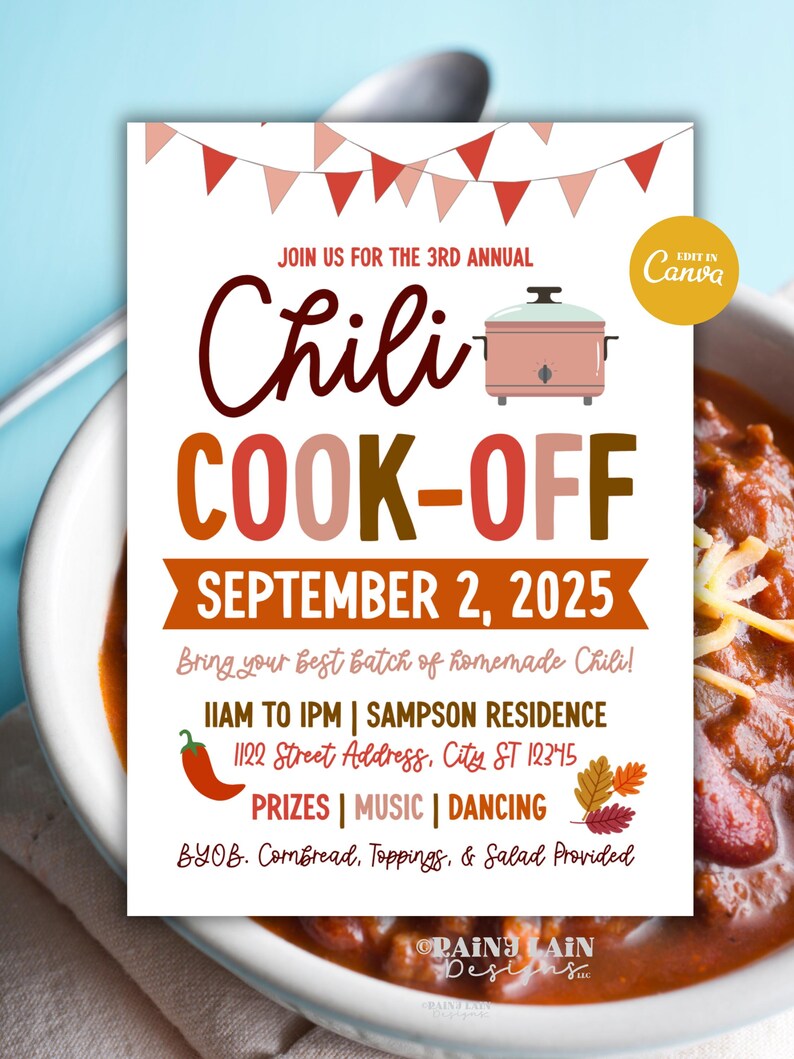 Editable Fall Chili Cook-off Flyer: Invitation Template (canva Template ...