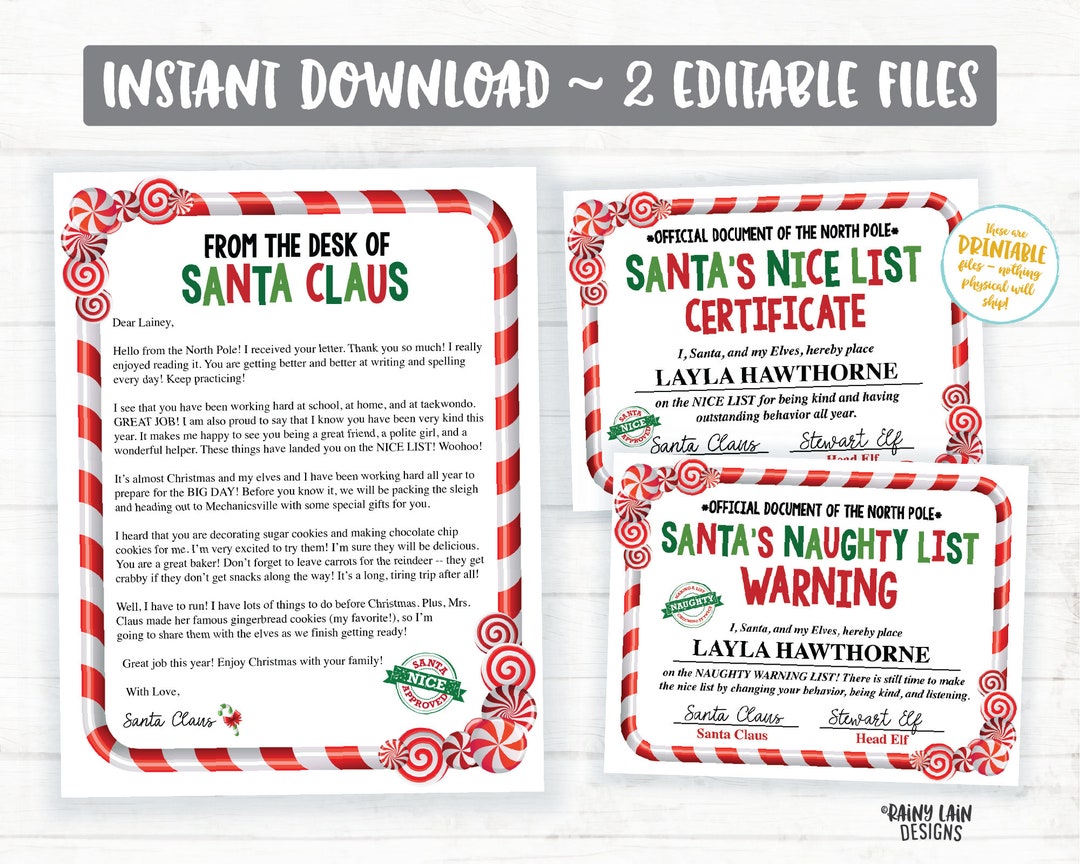 Letter From Santa, Santa Certificate, Nice List Certificate, Naughty ...