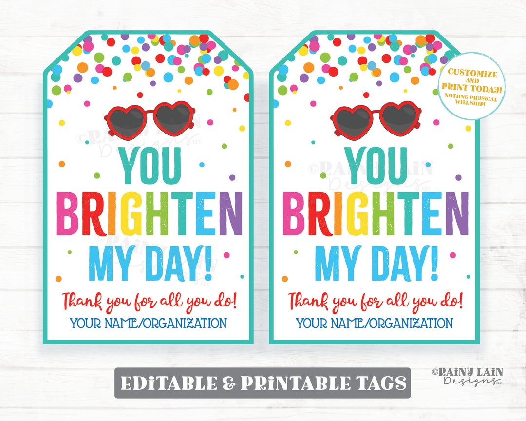 You Brighten My Day Tag Sunglasses Thank You Tags Sun Birthday Favor ...