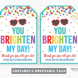 You Brighten My Day Tag Sunglasses Thank You Tags Sun Birthday Favor ...