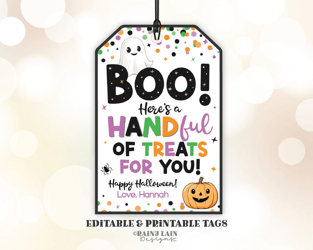Halloween Hand Treat Tags, Boo Here's a Handful of Treats for You, Gift ...