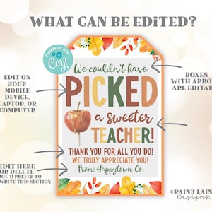 Caramel Apple Gift Tag, Picked a Sweeter Teacher, Fall Leaves Autumn ...