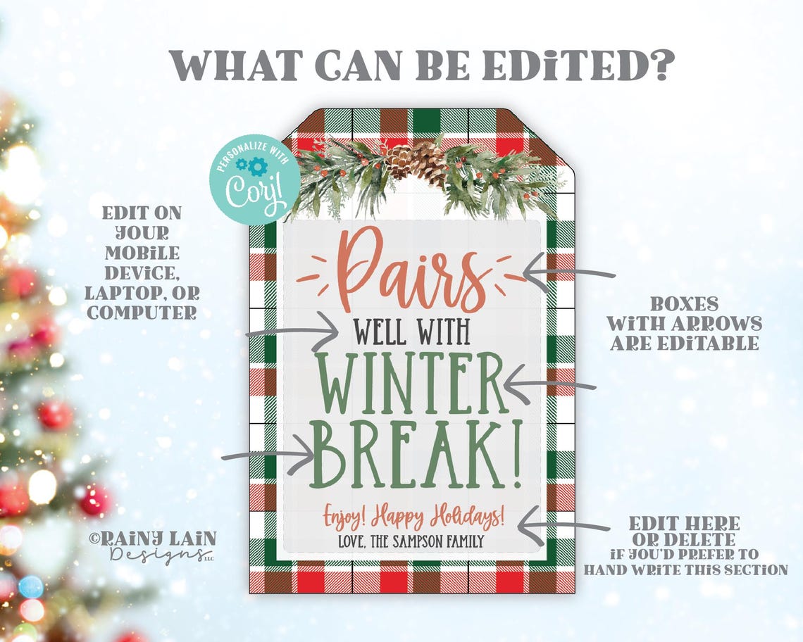 Pairs Well With Winter Break Wine Gift Tag, Editable Christmas Template ...
