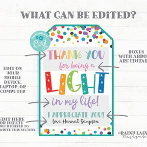 Thank You for Being a Light in My Life Candle Tag, Lights Gift ...
