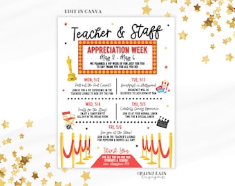 EDITABLE Hollywood Teacher Appreciation Week Itinerary Flyer Movie ...